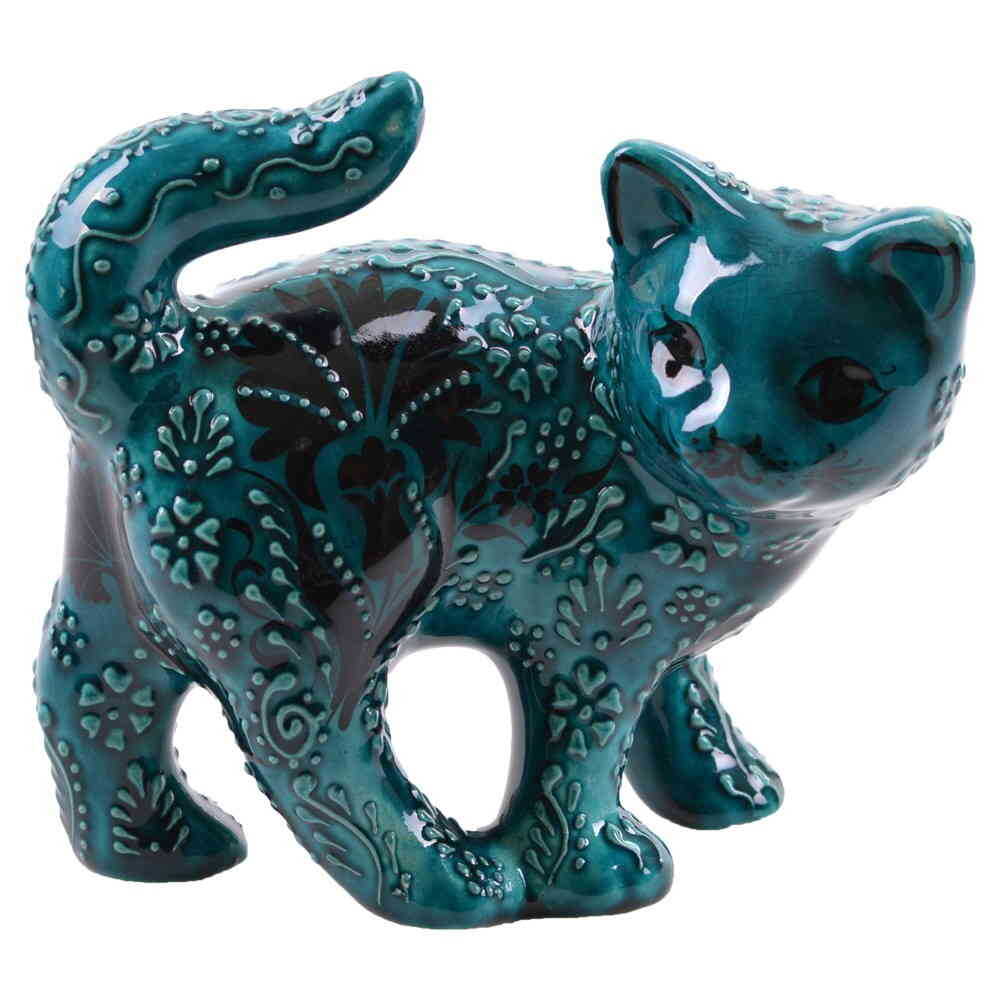 Buy Turkish Ceramic Hand Painted Turquoise Cat Figurine Big Size - Myros