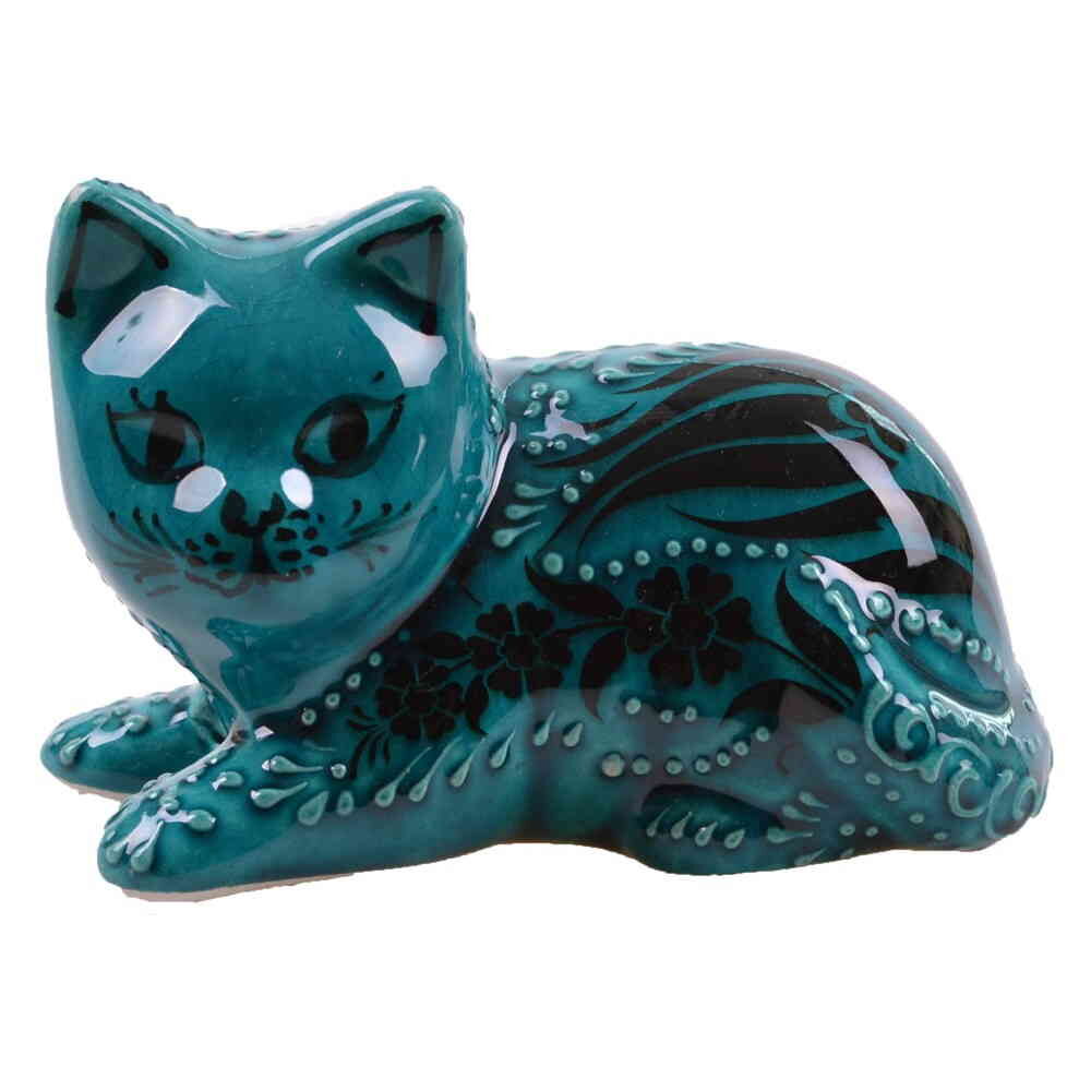 Buy Turkish Ceramic Hand Painted Turquoise Cat Figurine Medium Size - Myros