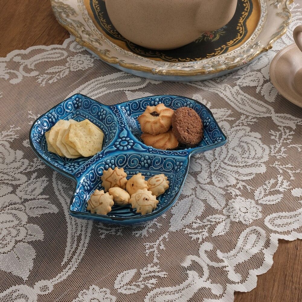 Turkish Ceramic Turquoise Leaf Shaped Triple Divide Snack Platter - Myros