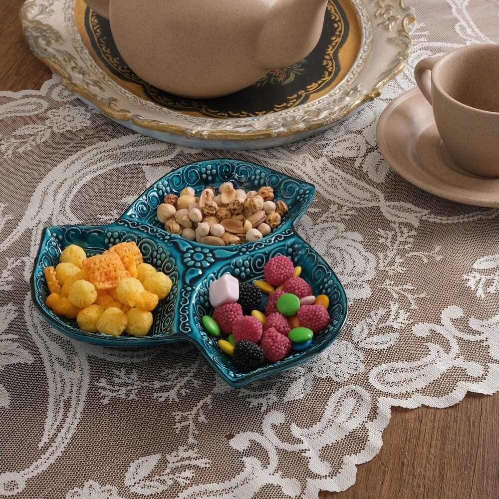Turkish Ceramic Turquoise Leaf Shaped Triple Divide Snack Platter - Myros